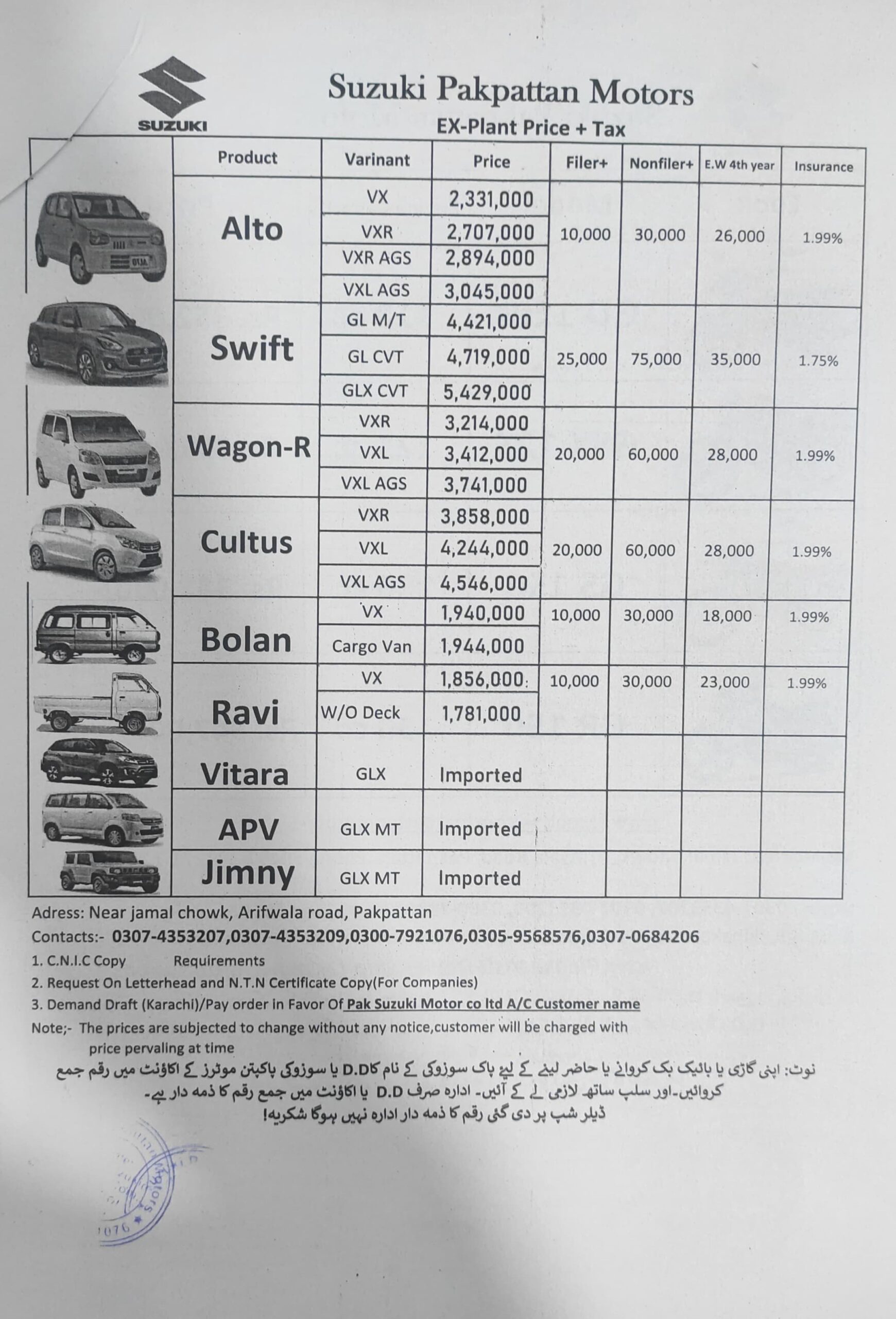 Price List – Suzuki Pakpattan Motors